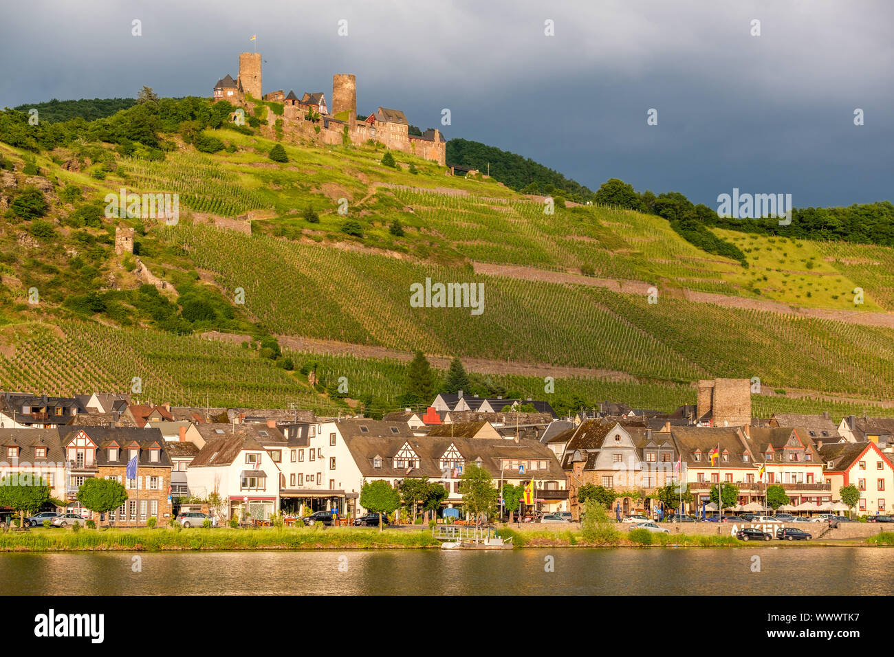 Thurant Castle and vineyards above Moselle river near Alken, Germany ...