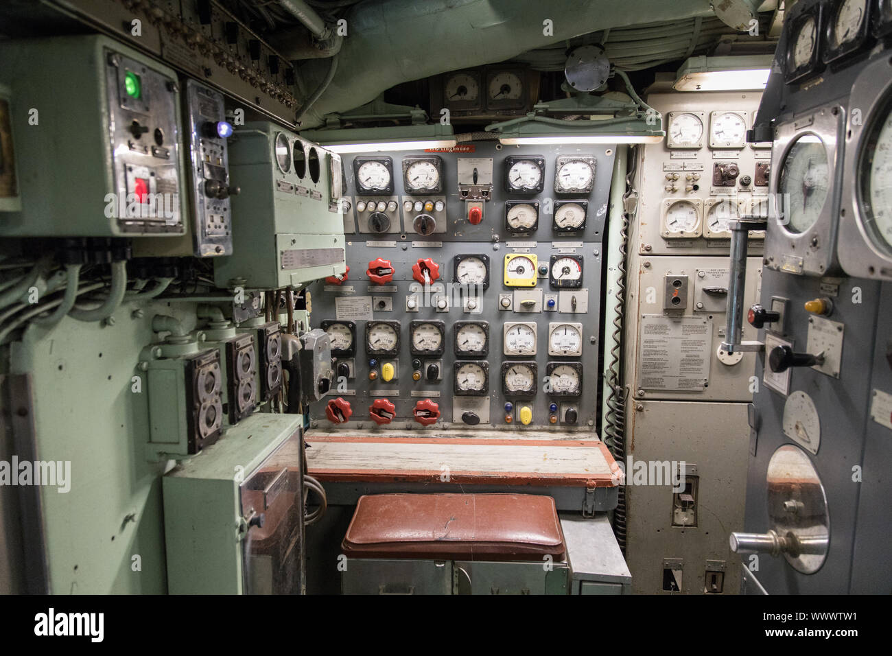 New York, USA - June 11th 2019: USS Growler submarine interior. Gauges ...