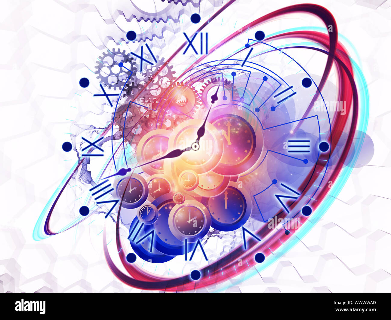 Composition of gears, clock elements, dials and dynamic swirly lines ...