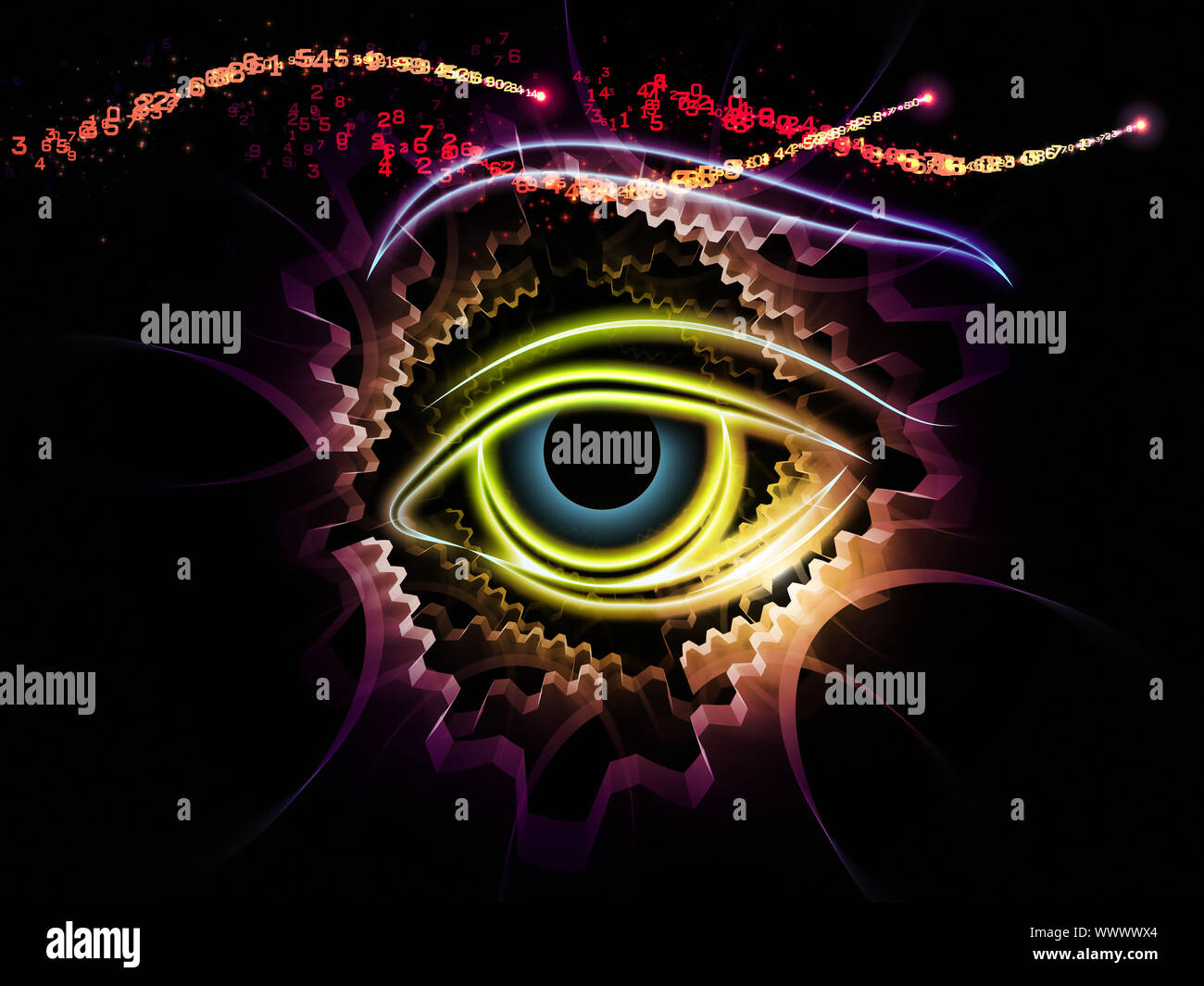 Composition of eye outlines, numbers, fractal and abstract design ...