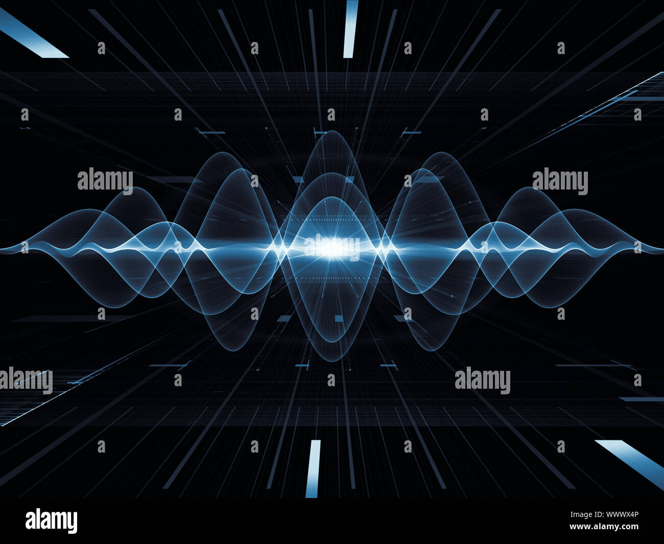 Design composed of perspective fractal grids, lights, mathematical wave ...