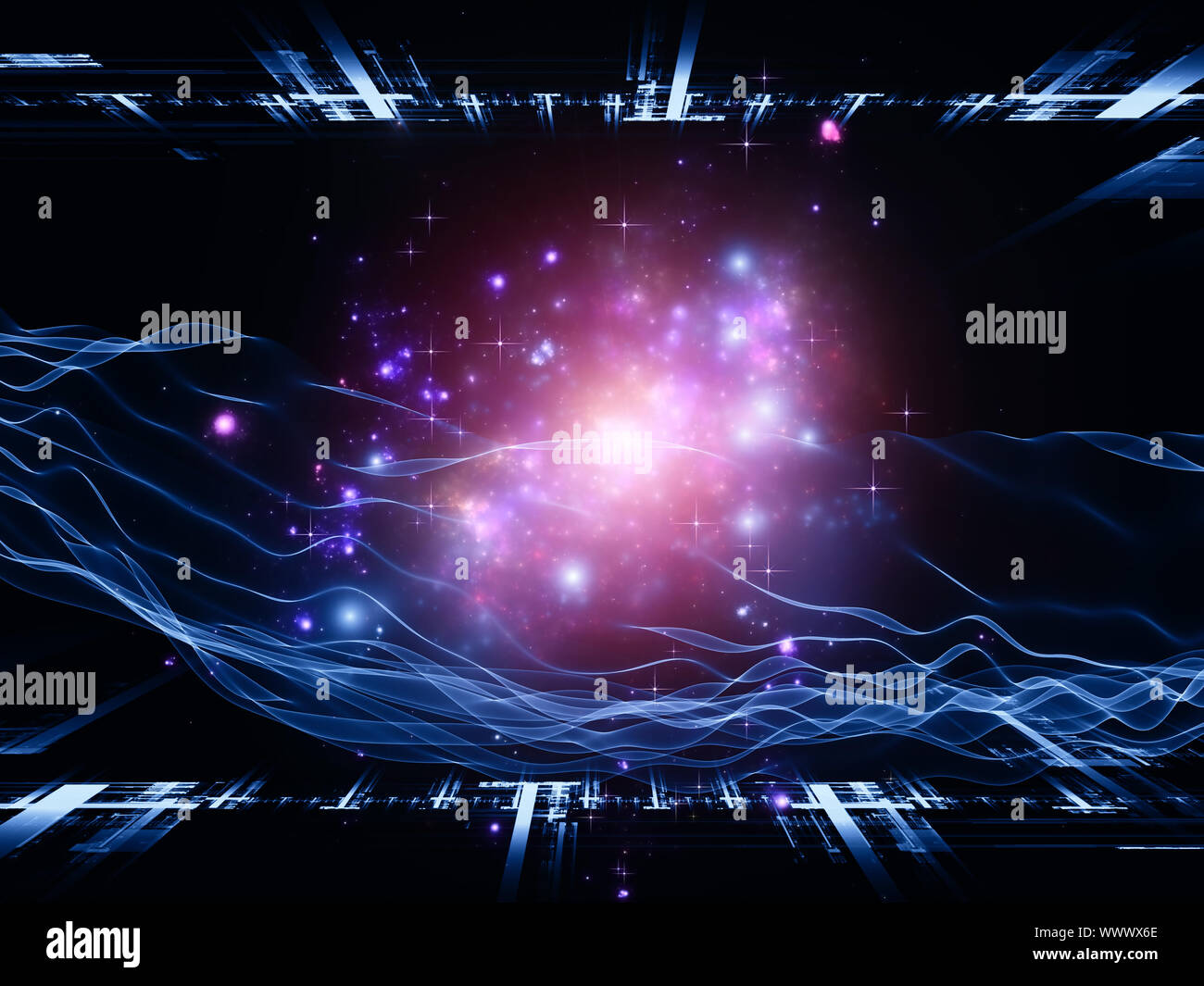 Design composed of perspective fractal grids, lights, mathematical wave ...