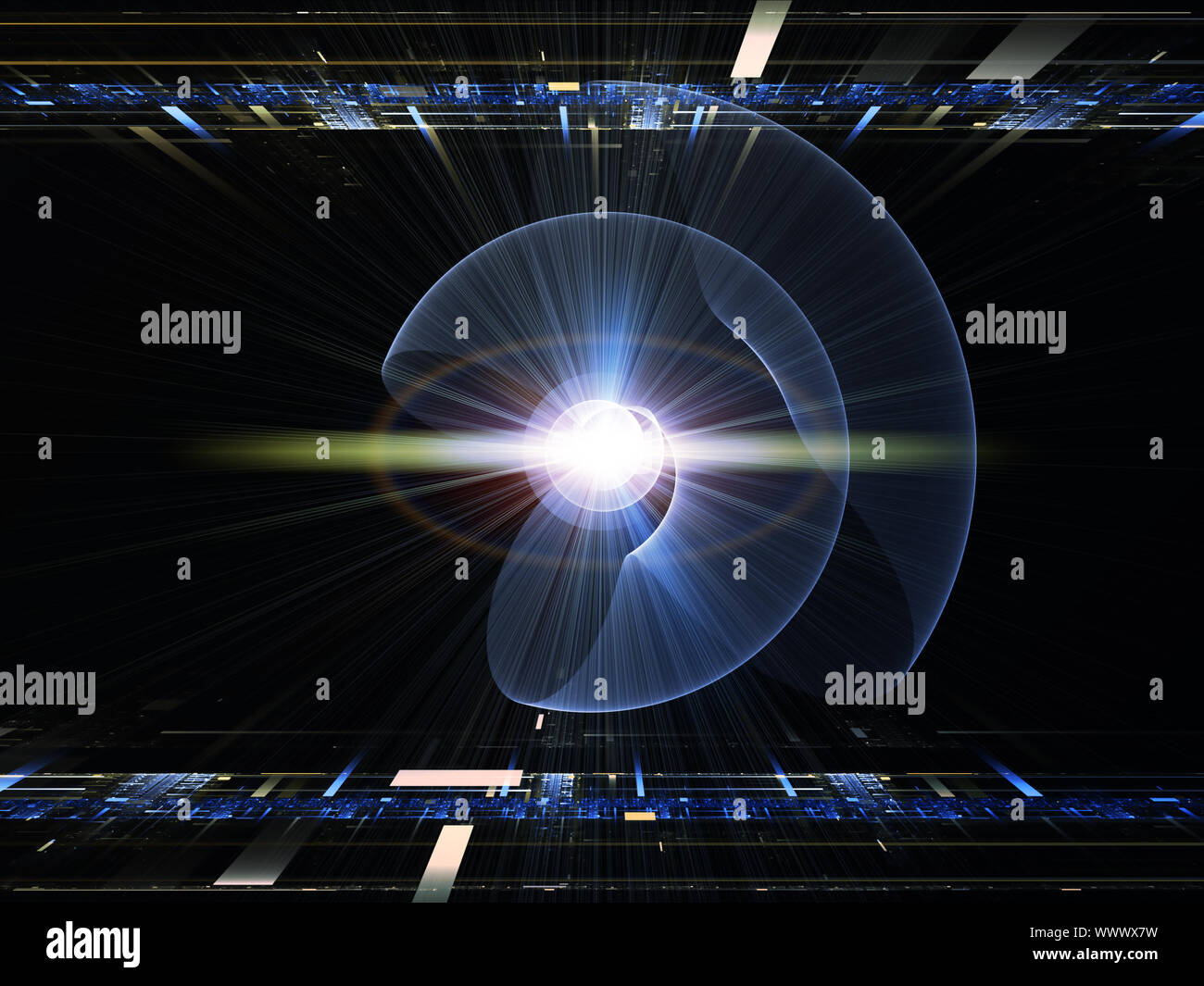 Interplay of perspective fractal grids, lights, mathematical wave and sine patterns on the ...