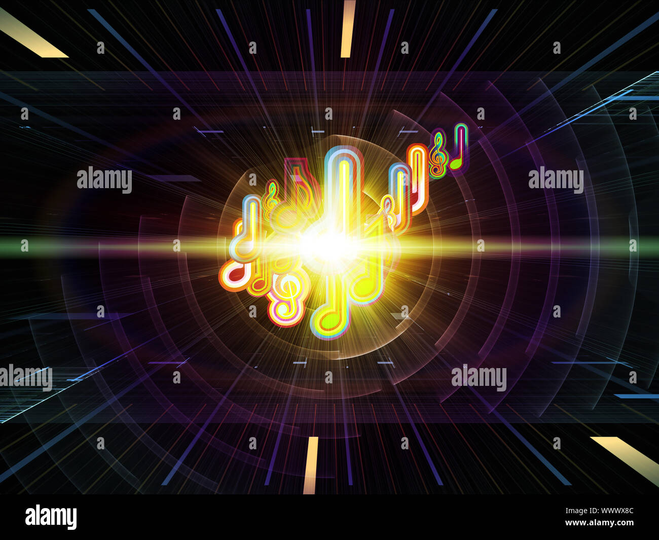 Composition of musical notes, perspective fractal grids, lights, wave ...