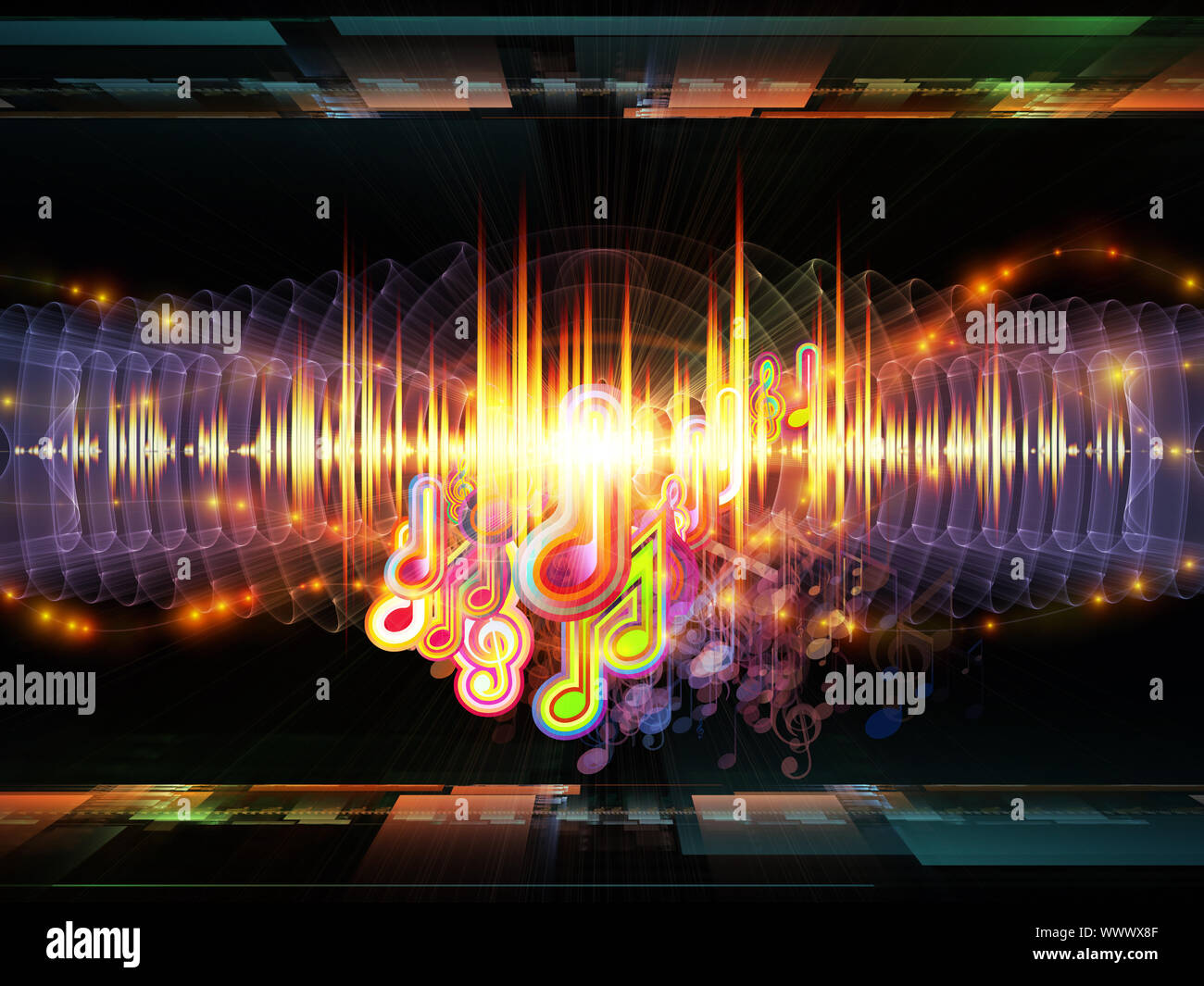 Design composed of musical notes, perspective fractal grids, lights ...