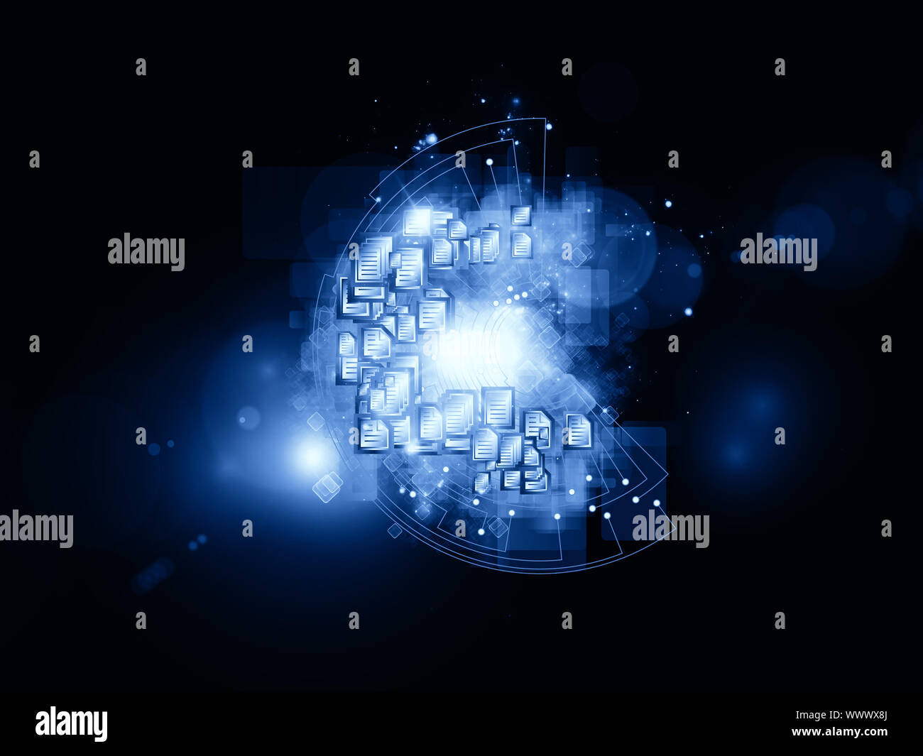 Composition of document symbols, lights and abstract technology ...