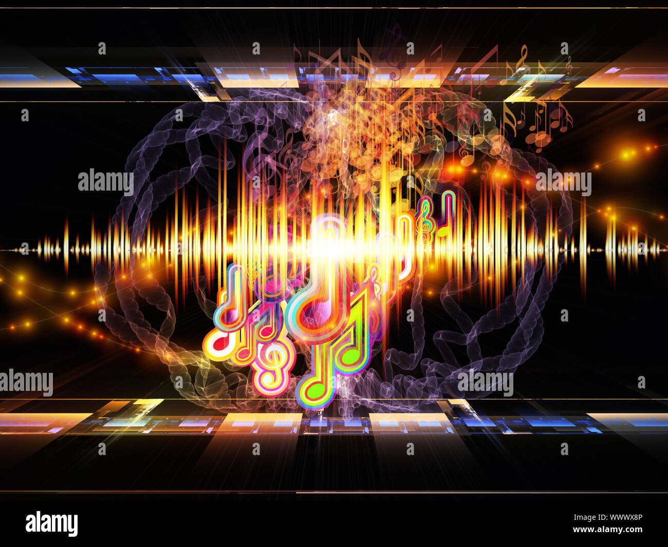 Composition of musical notes, perspective fractal grids, lights, wave ...