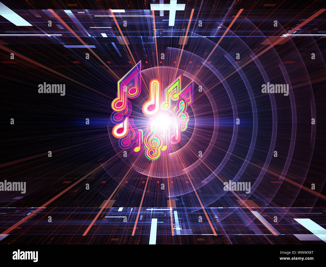 Arrangement of musical notes, perspective fractal grids, lights, wave ...