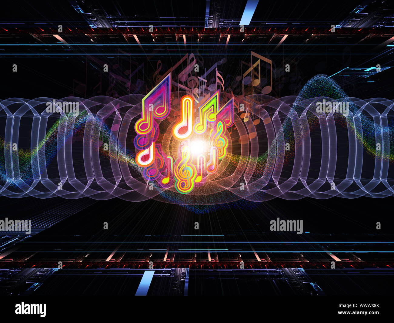 Abstract design made of musical notes, perspective fractal grids ...
