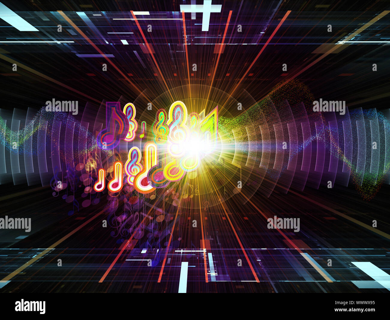 Backdrop composed of musical notes, perspective fractal grids, lights ...