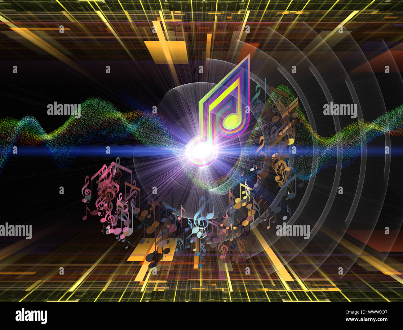 Design composed of musical notes, perspective fractal grids, lights ...