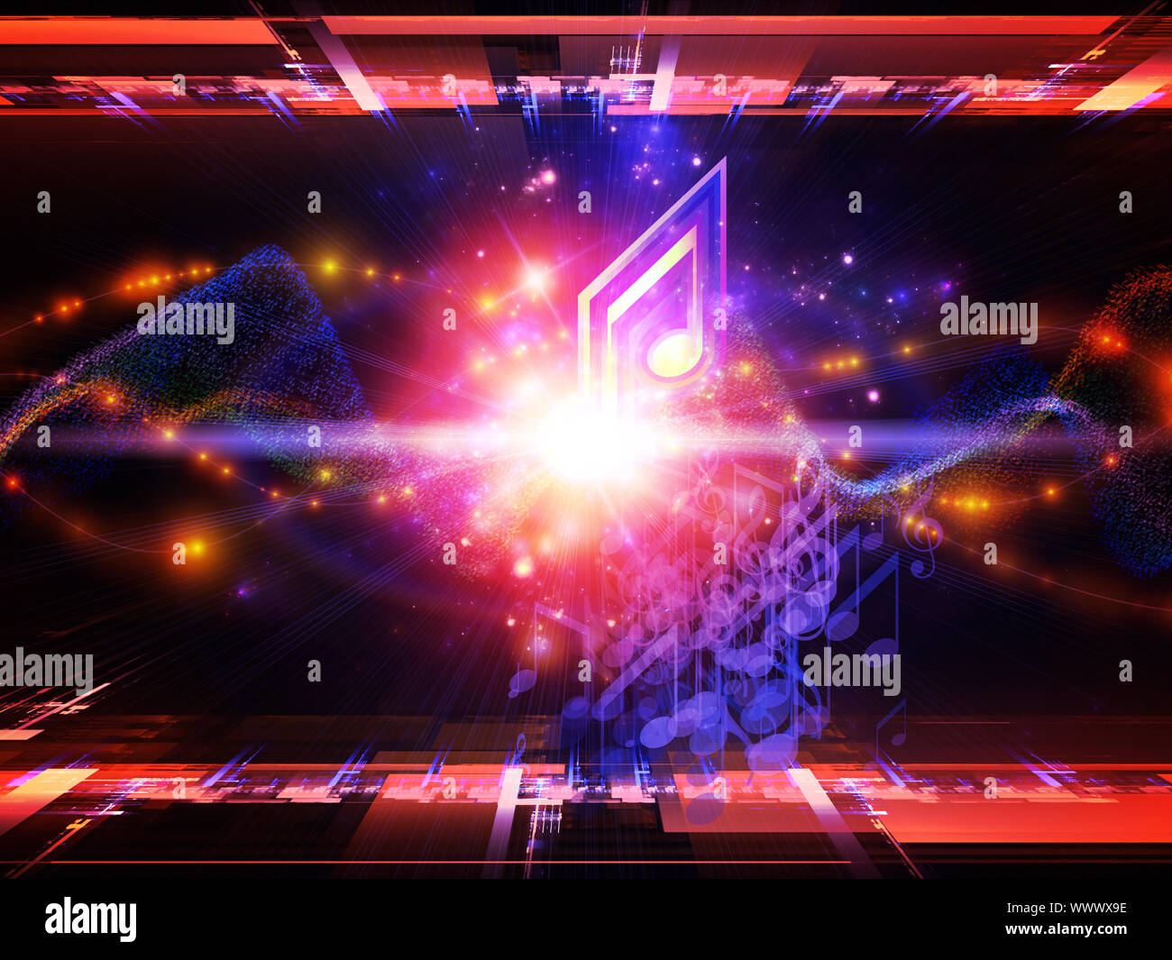 Interplay of musical notes, perspective fractal grids, lights, wave and ...