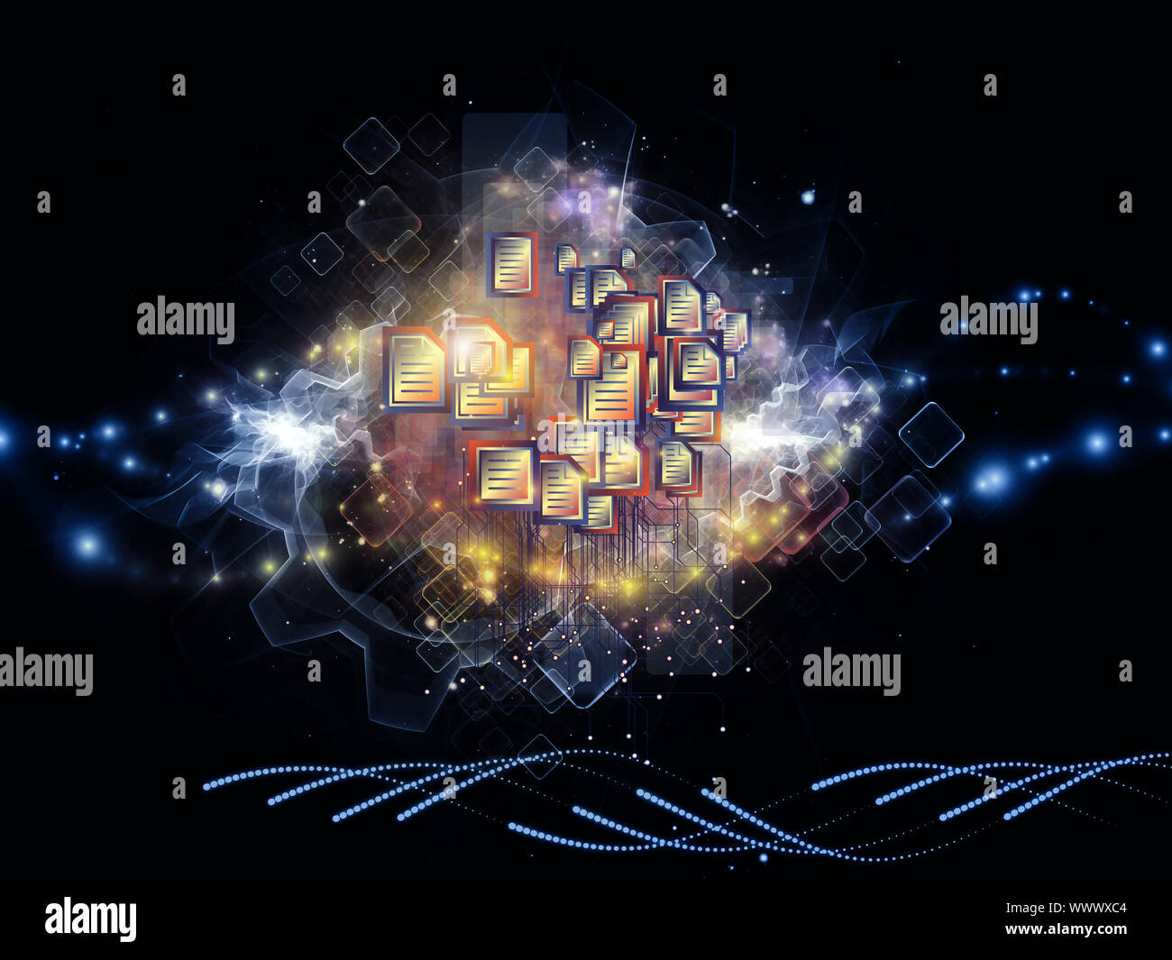 Background design of document symbols, lights and abstract technology ...