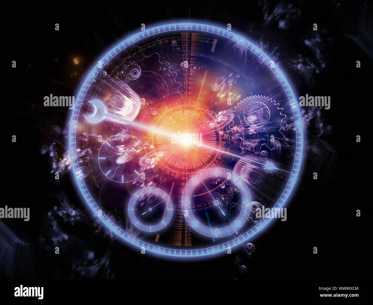 Composition of dials, gears and lights suitable as a backdrop for the ...