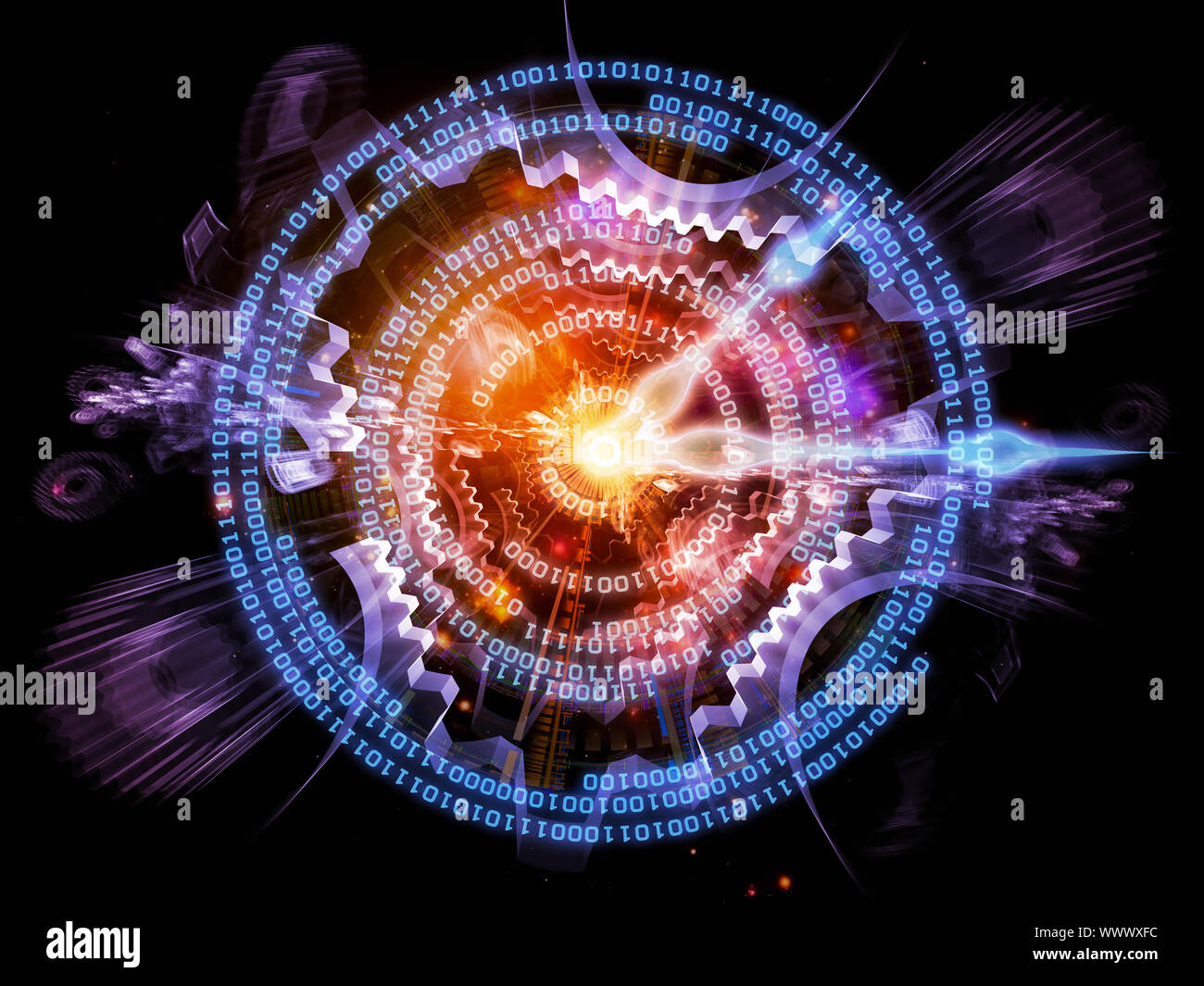 Composition of clock hands, gears, lights and abstract design elements ...
