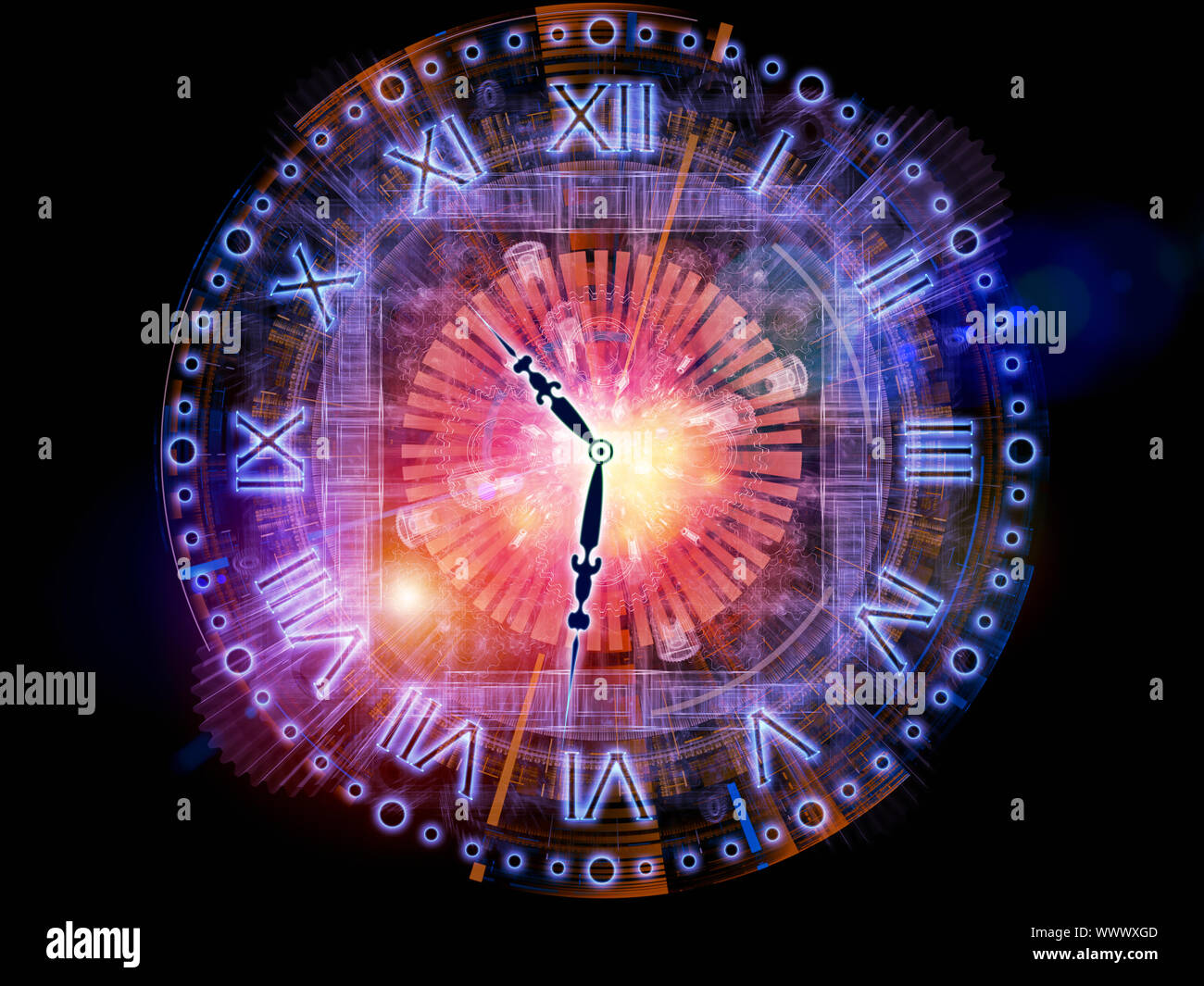 Background design of clock hands, gears, lights and abstract design ...
