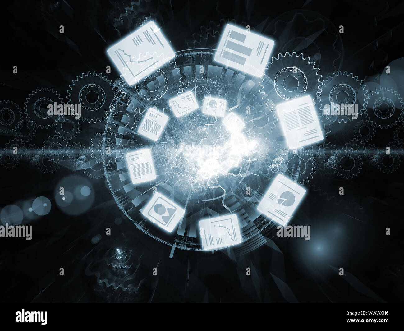 Composition of document icons, lights and abstract design elements ...