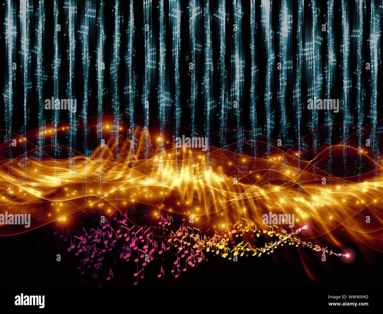 Composition of sine waves, musical notes, lights and abstract design ...