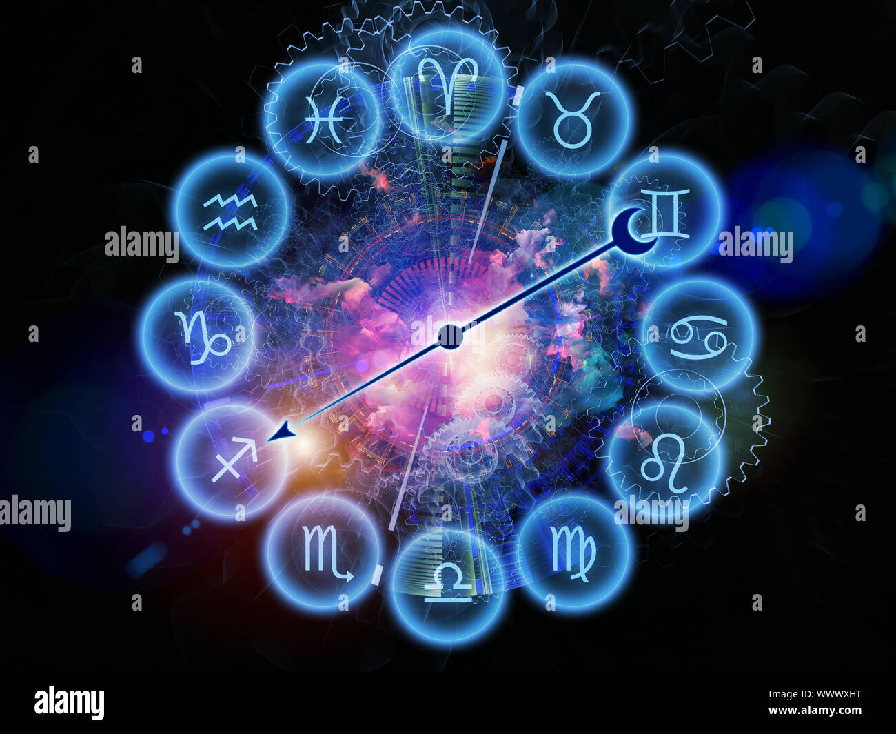 Arrangement of Zodiac symbols, gears, lights and abstract design ...