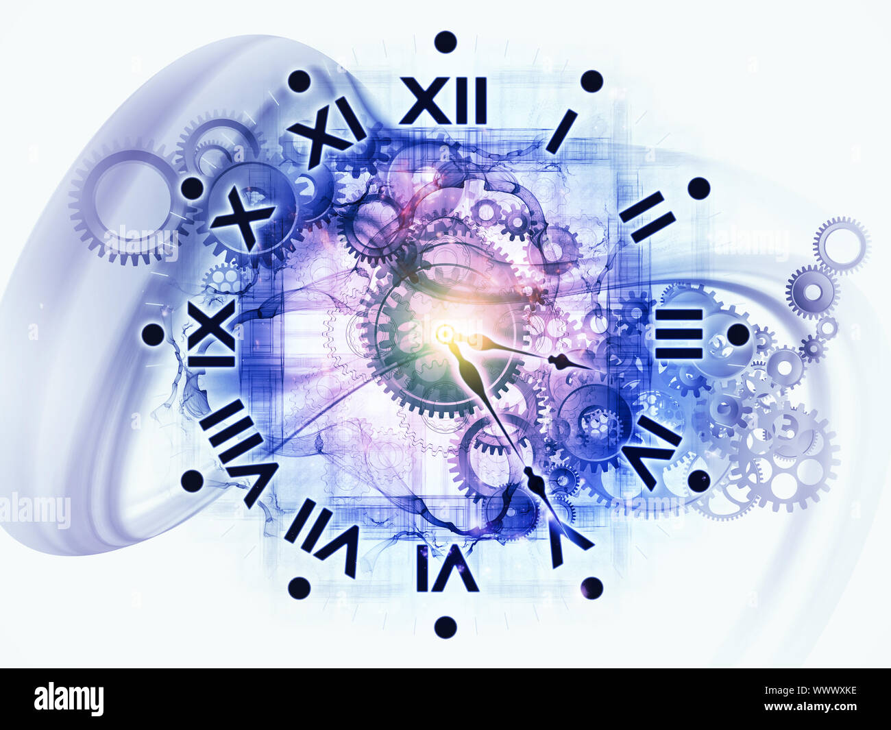 Arrangement of gears, clock elements, dials and dynamic swirly lines on ...