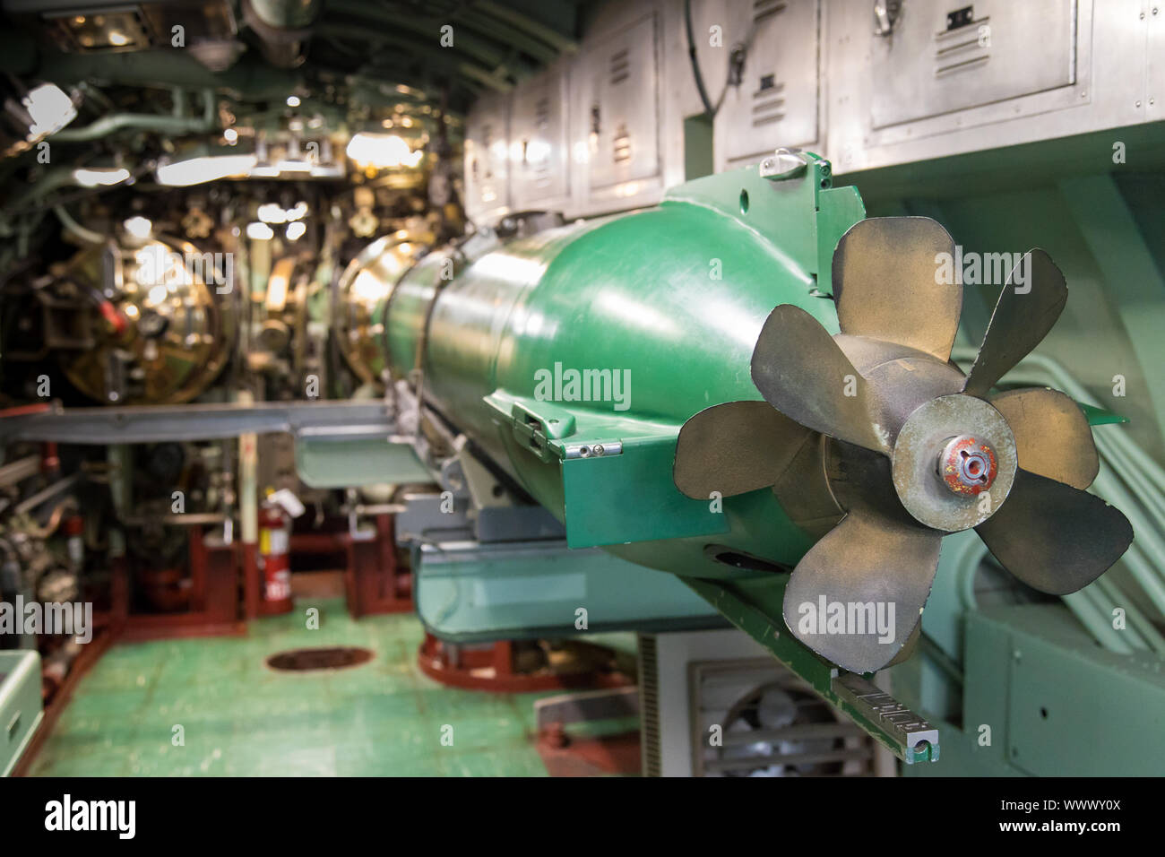 New York, USA - June 11th 2019: USS Growler submarine interior. Torpedo ...
