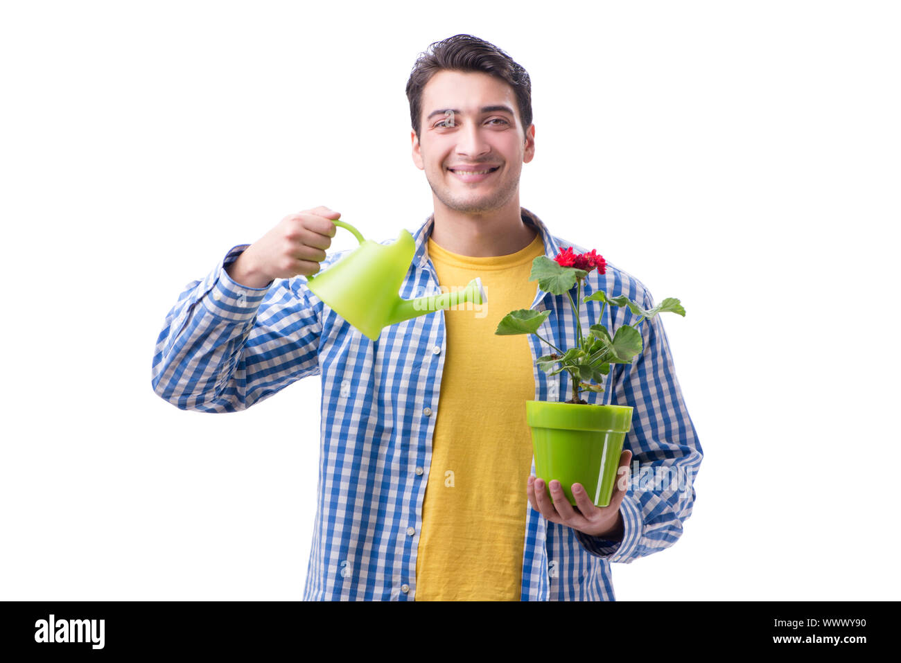 Gardener florist with a flower in a pot isolated on white backgr Stock ...