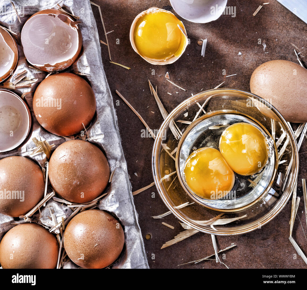 eggs and a shell on the farm Stock Photo - Alamy