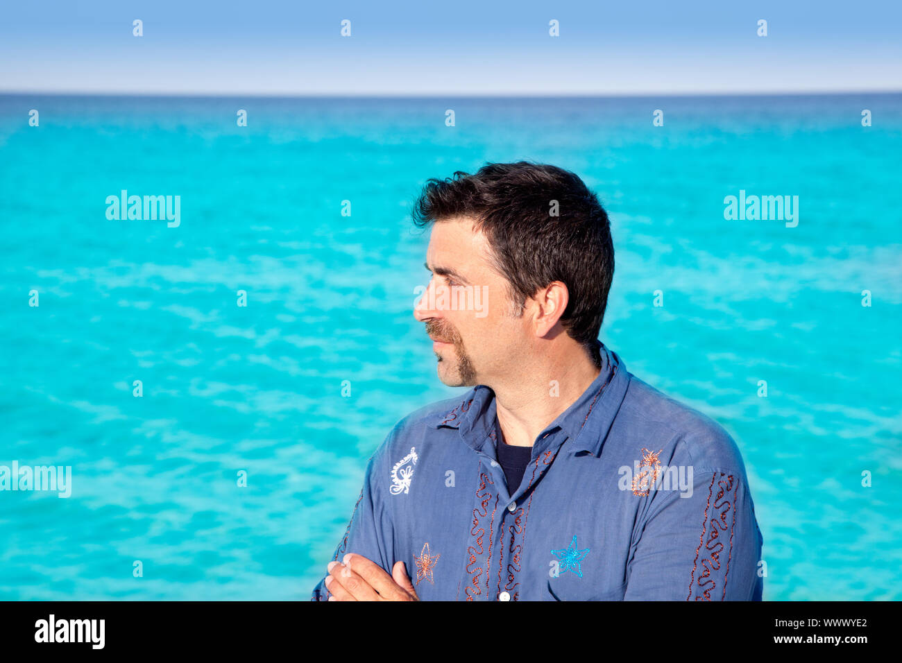 Beach in turquoise with retro vintage tourist profile portrait Stock ...