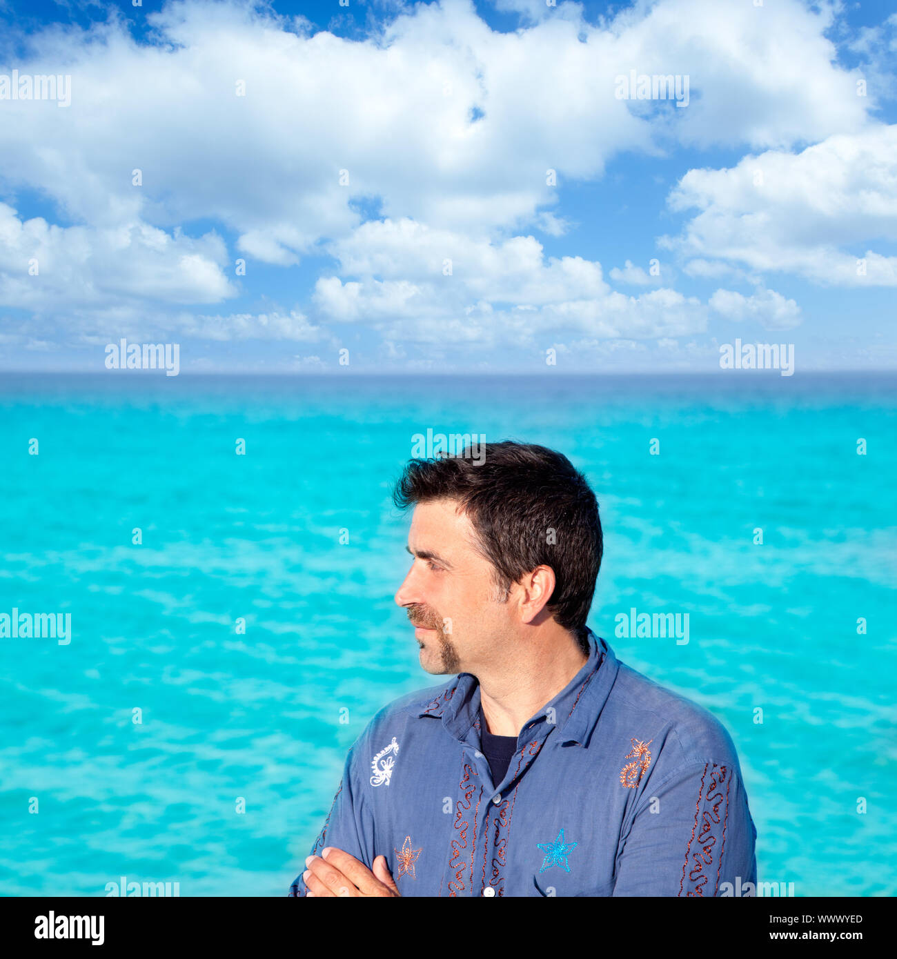 Beach in turquoise with retro vintage tourist profile portrait Stock ...