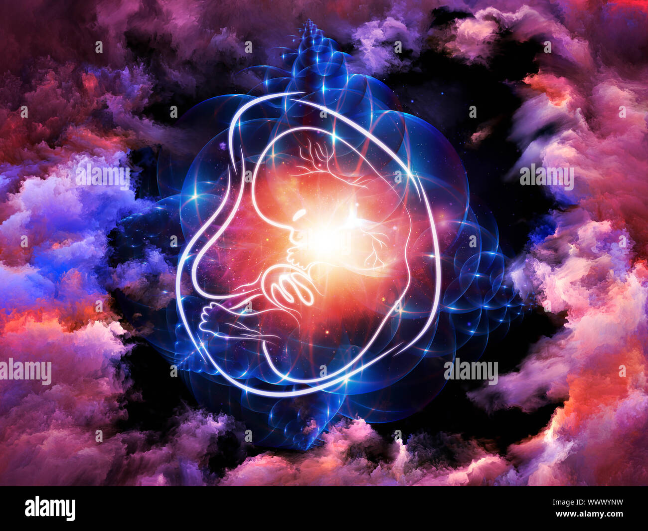 Composition of drawing of a fetus and abstract design elements to serve ...