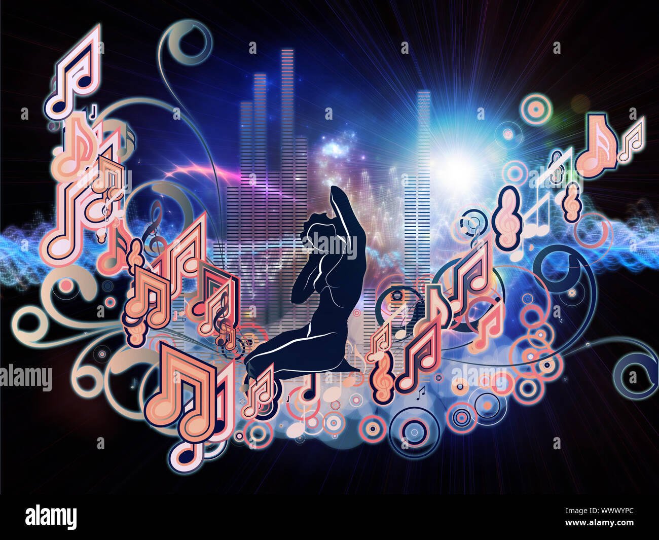 Artistic abstraction composed of girl silhouette, notes, lights and ...