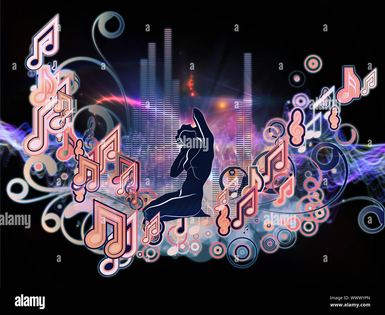 Abstract design made of girl silhouette, notes, lights and abstract ...