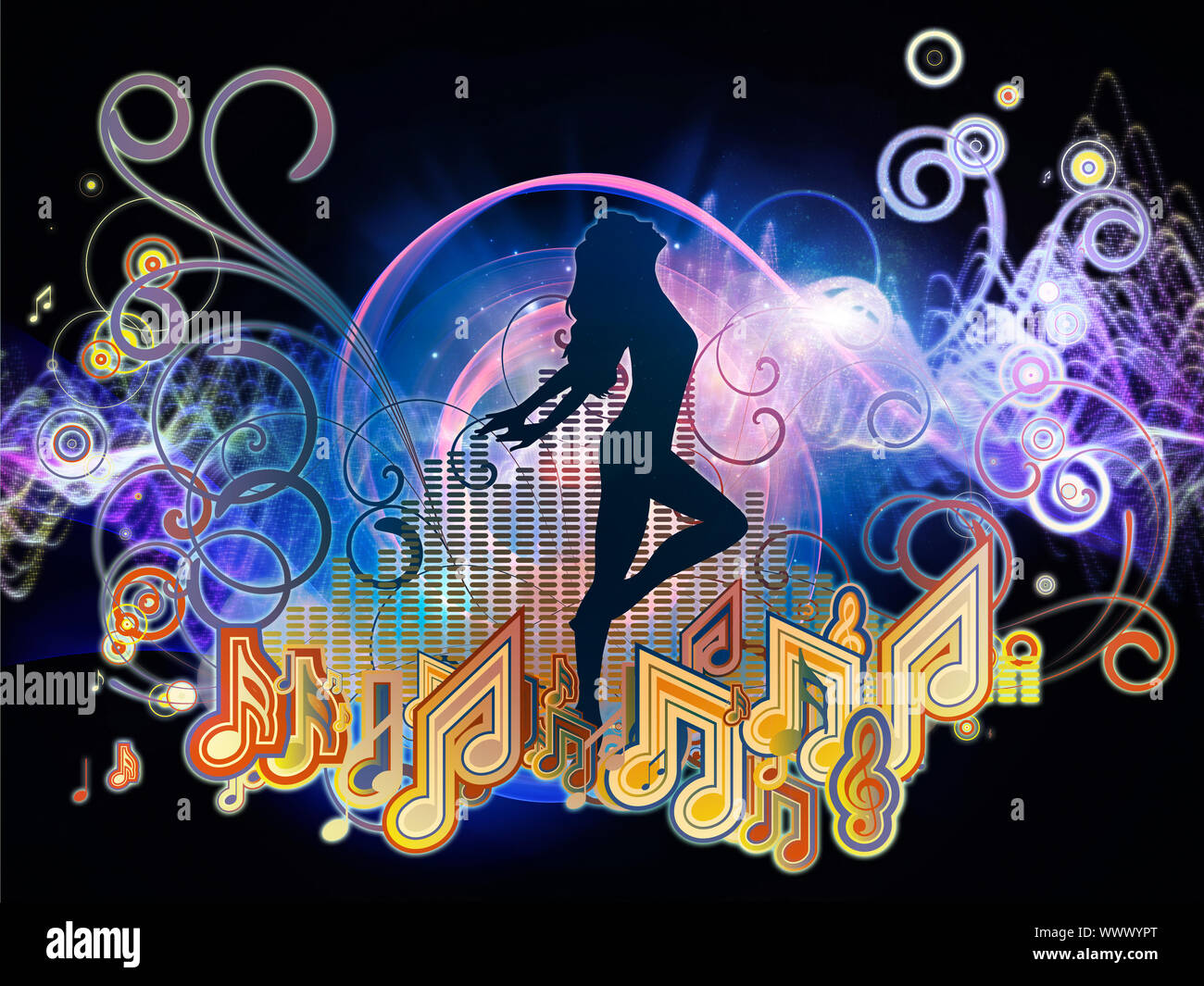 Artistic abstraction composed of girl silhouette, notes, lights and ...