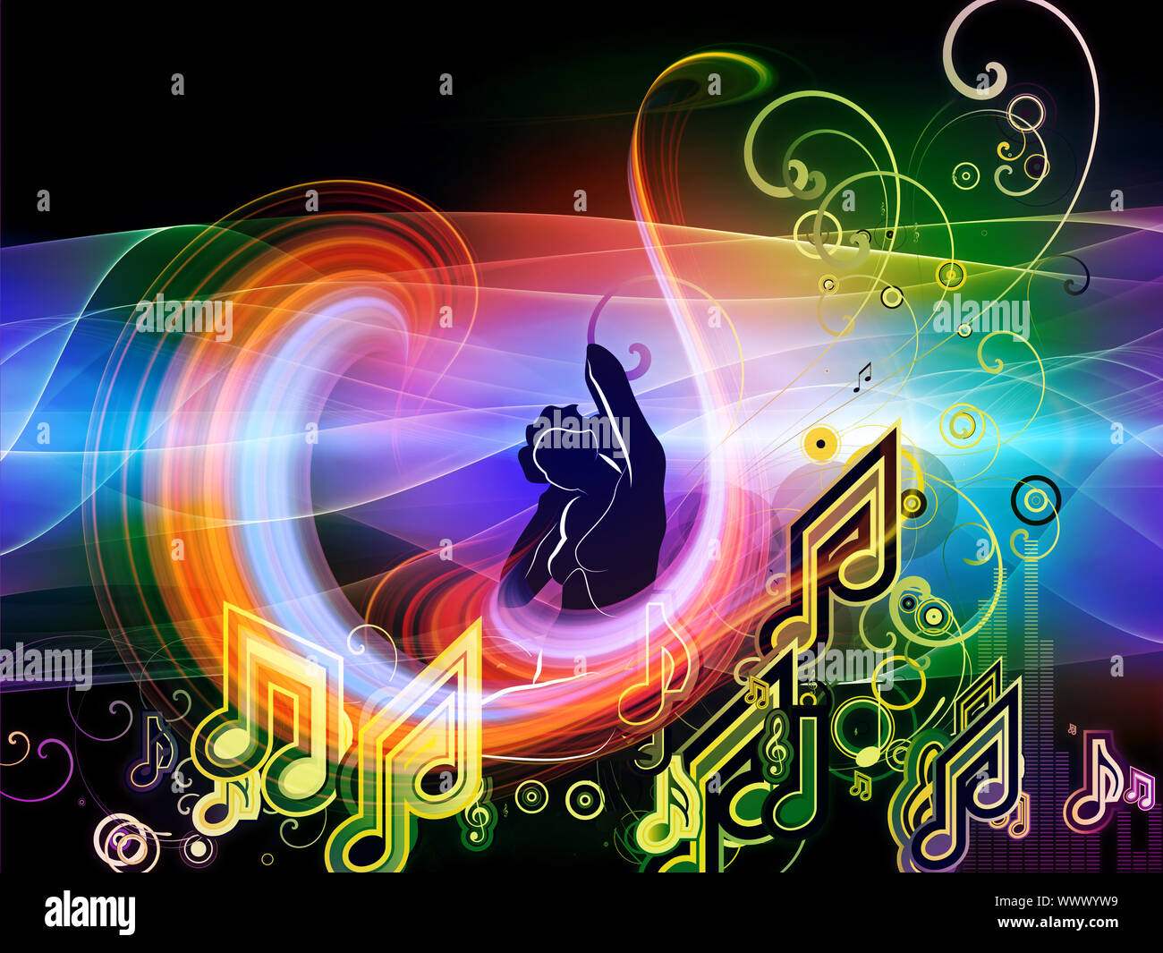 Composition of girl silhouette, notes, lights and abstract design ...