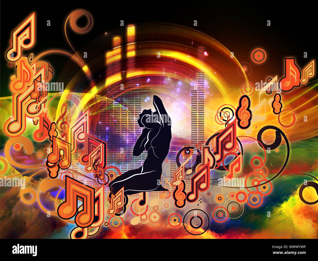 Abstract composition of girl silhouette, notes, lights and abstract ...