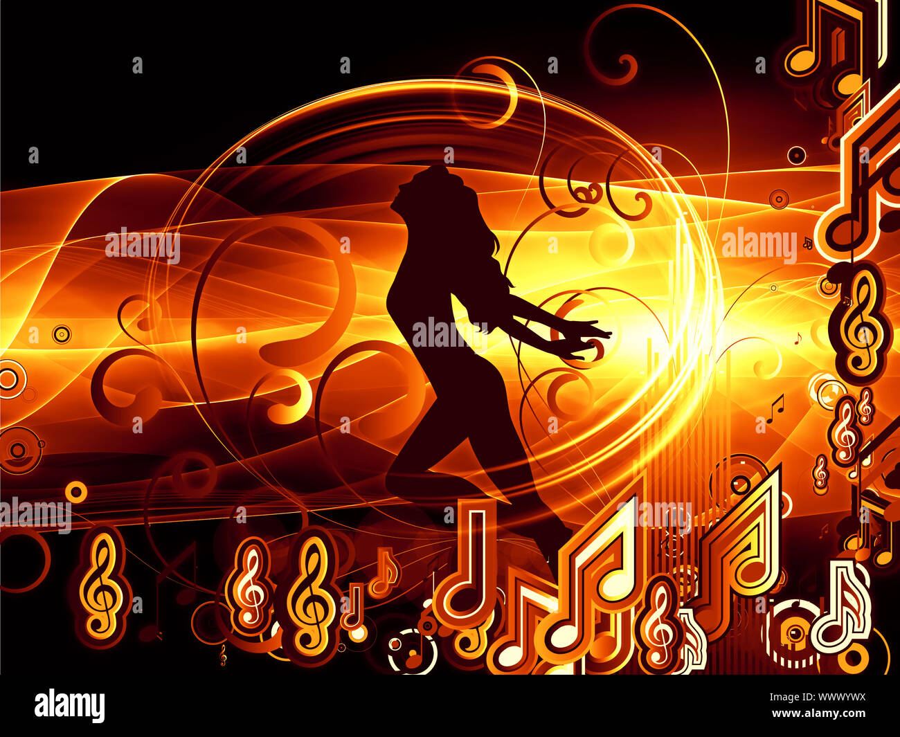Graphic composition of girl silhouette, notes, lights and abstract ...