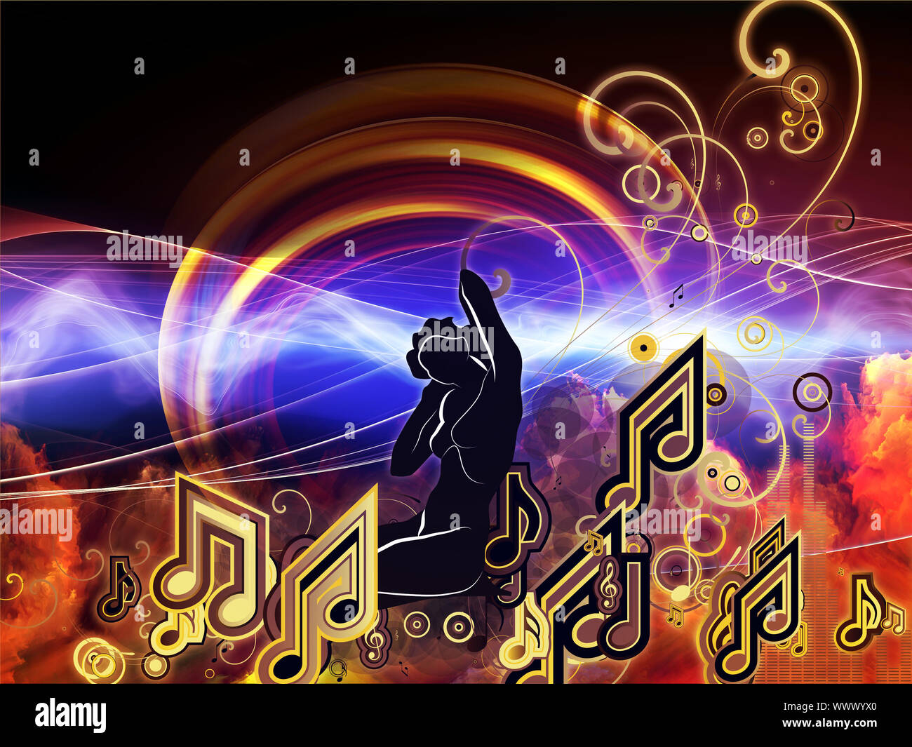 Abstract composition of girl silhouette, notes, lights and abstract ...