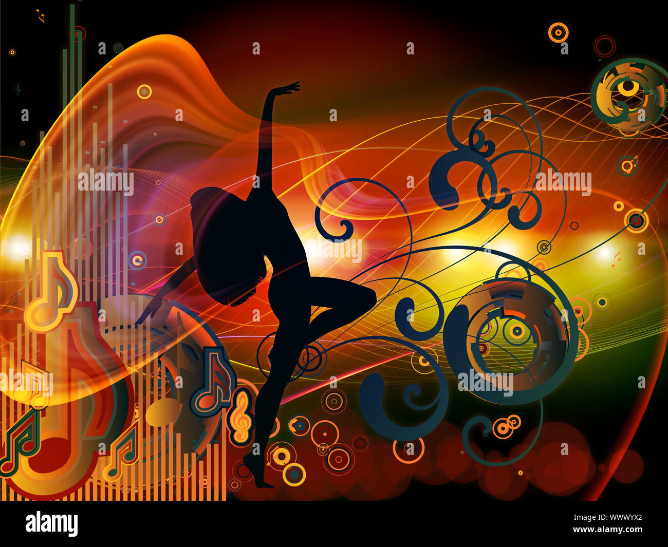 Graphic composition of girl silhouette, notes, lights and abstract ...