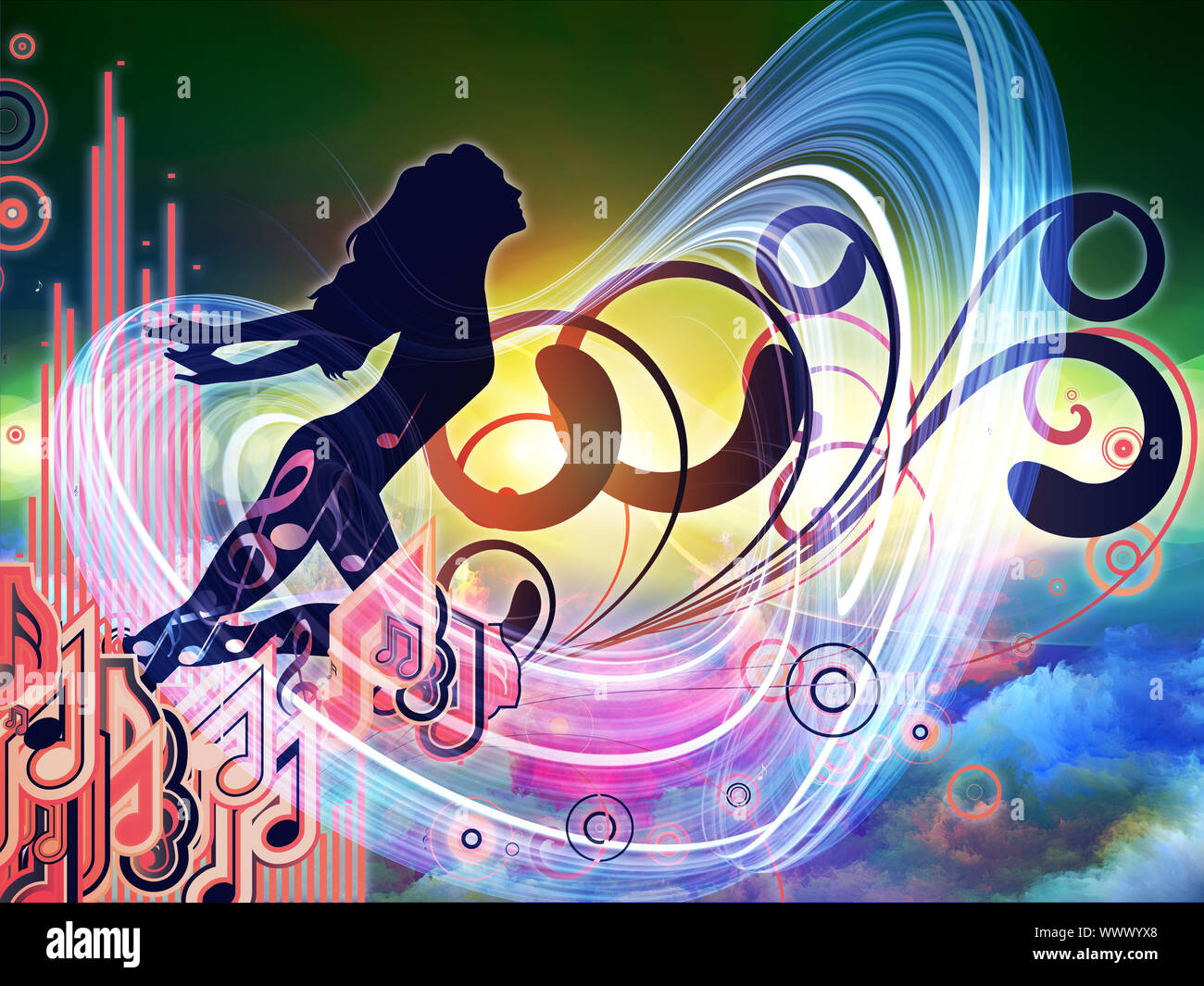 Abstract composition of girl silhouette, notes, lights and abstract ...