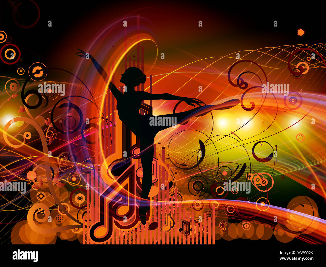 Graphic composition of girl silhouette, notes, lights and abstract ...