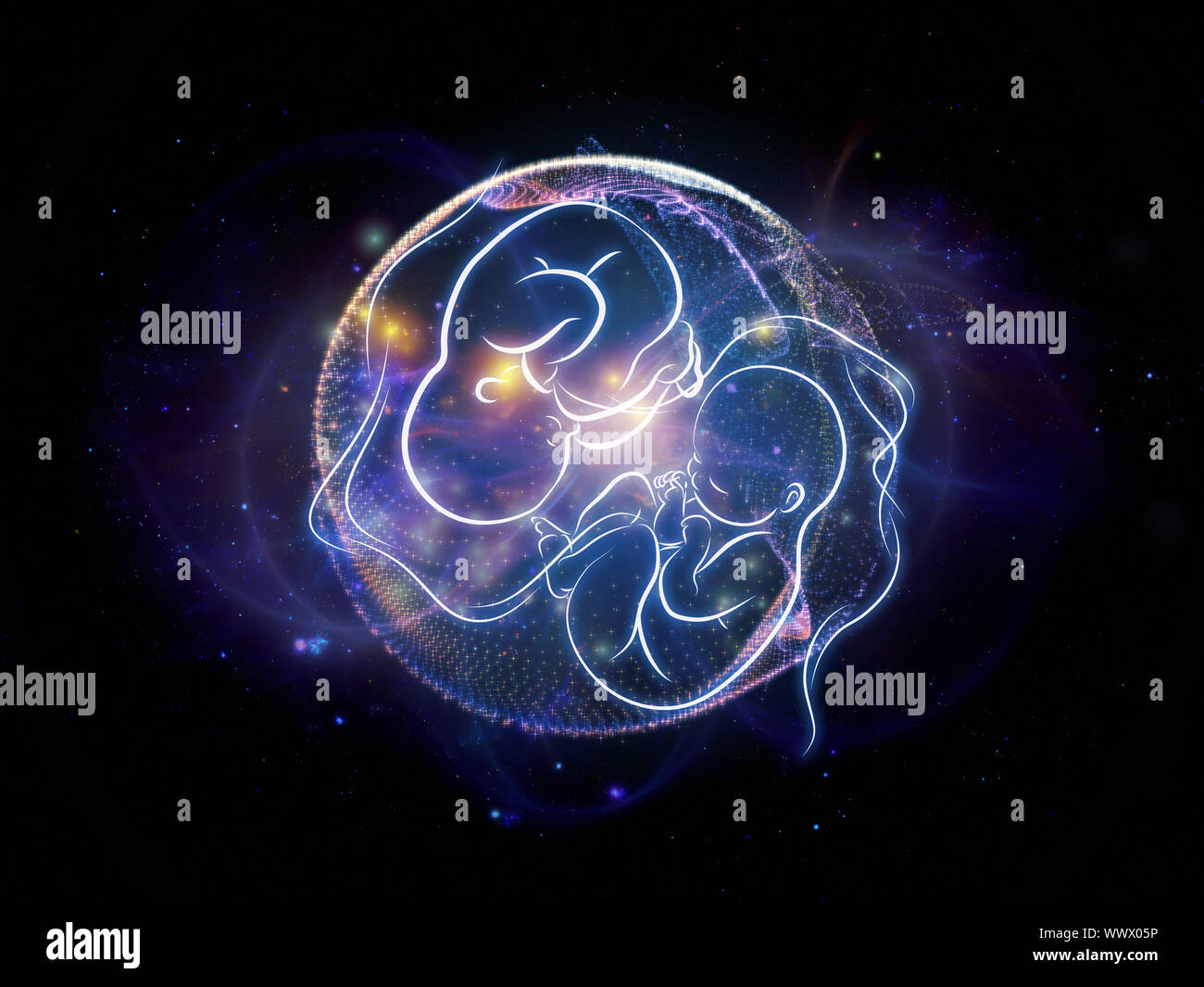 Arrangement of drawing of a fetus and abstract design elements on the ...