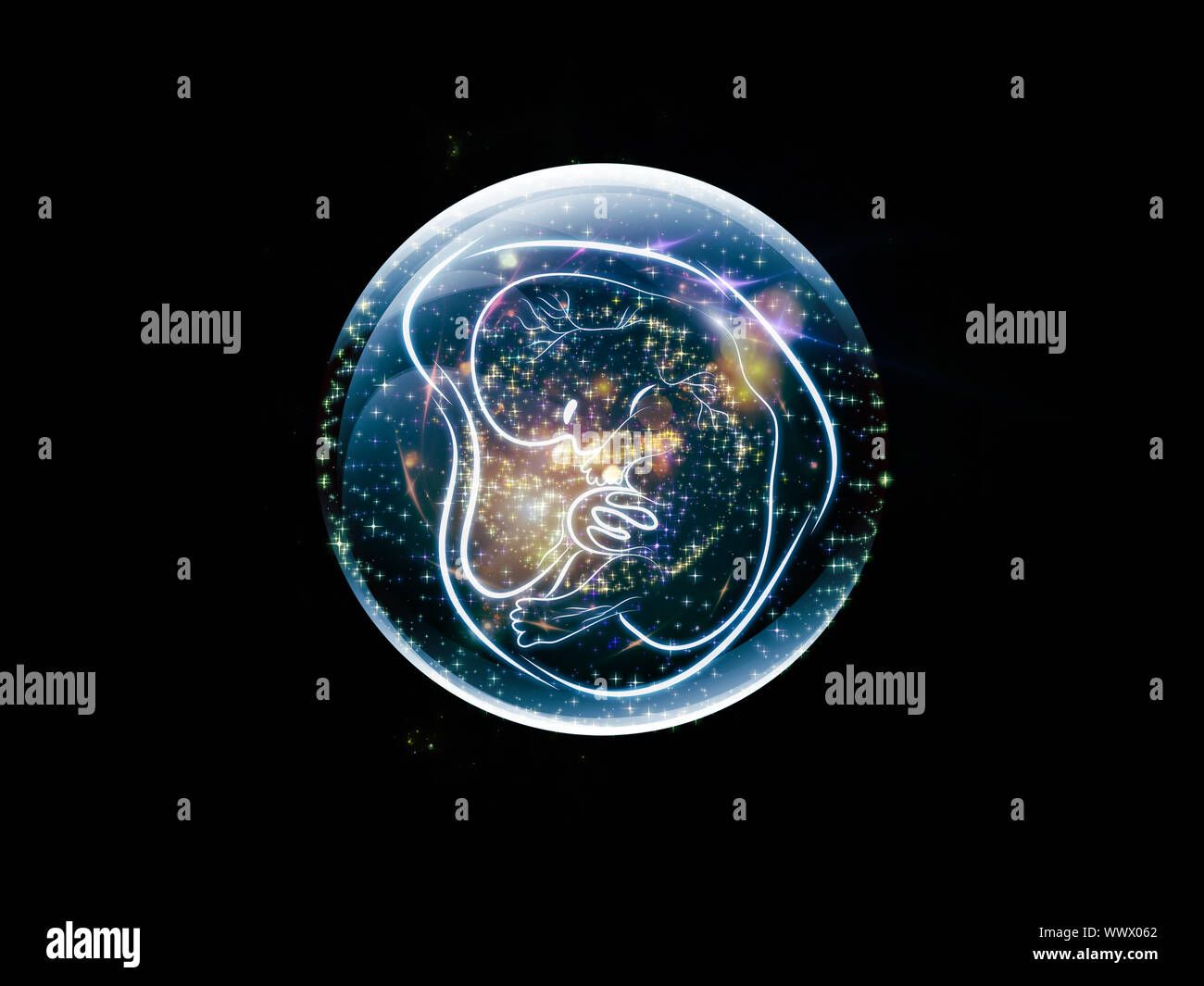 Backdrop of drawing of a fetus and abstract design elements on the ...