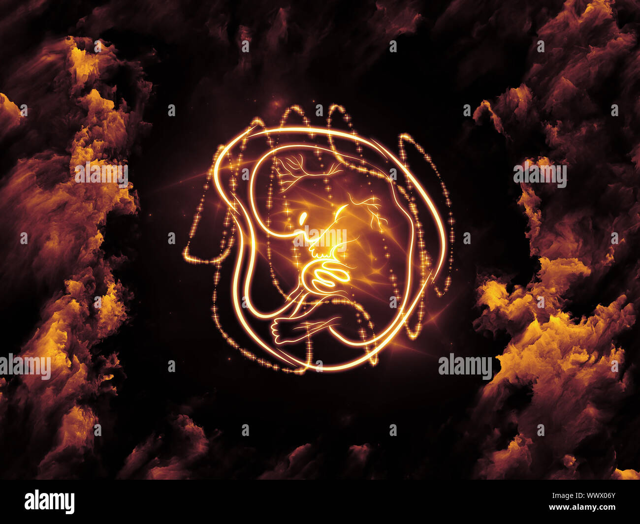 Creative arrangement of drawing of a fetus and abstract design elements ...