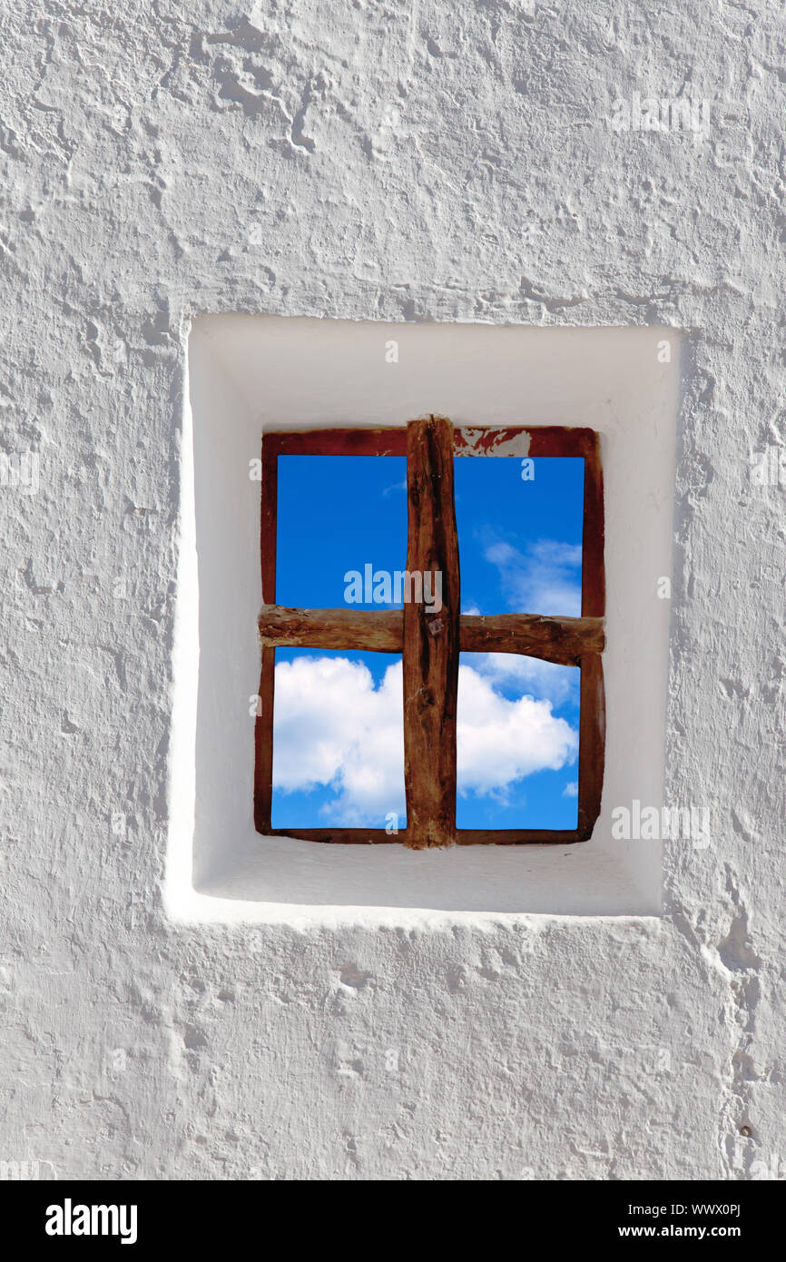 Balearic islands blue sky view through whitewashed house window Stock ...