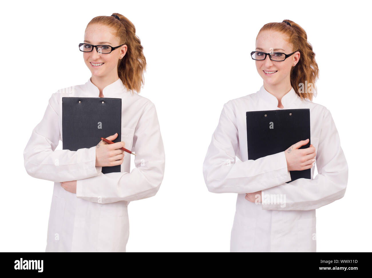 Young medical student writing on the binder isolated on whit Stock ...