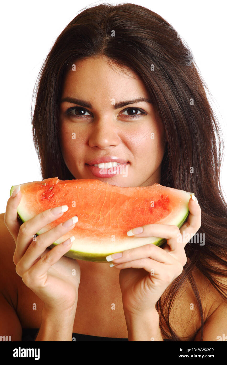 woman hold watermelon in hands isolated on white Stock Photo - Alamy