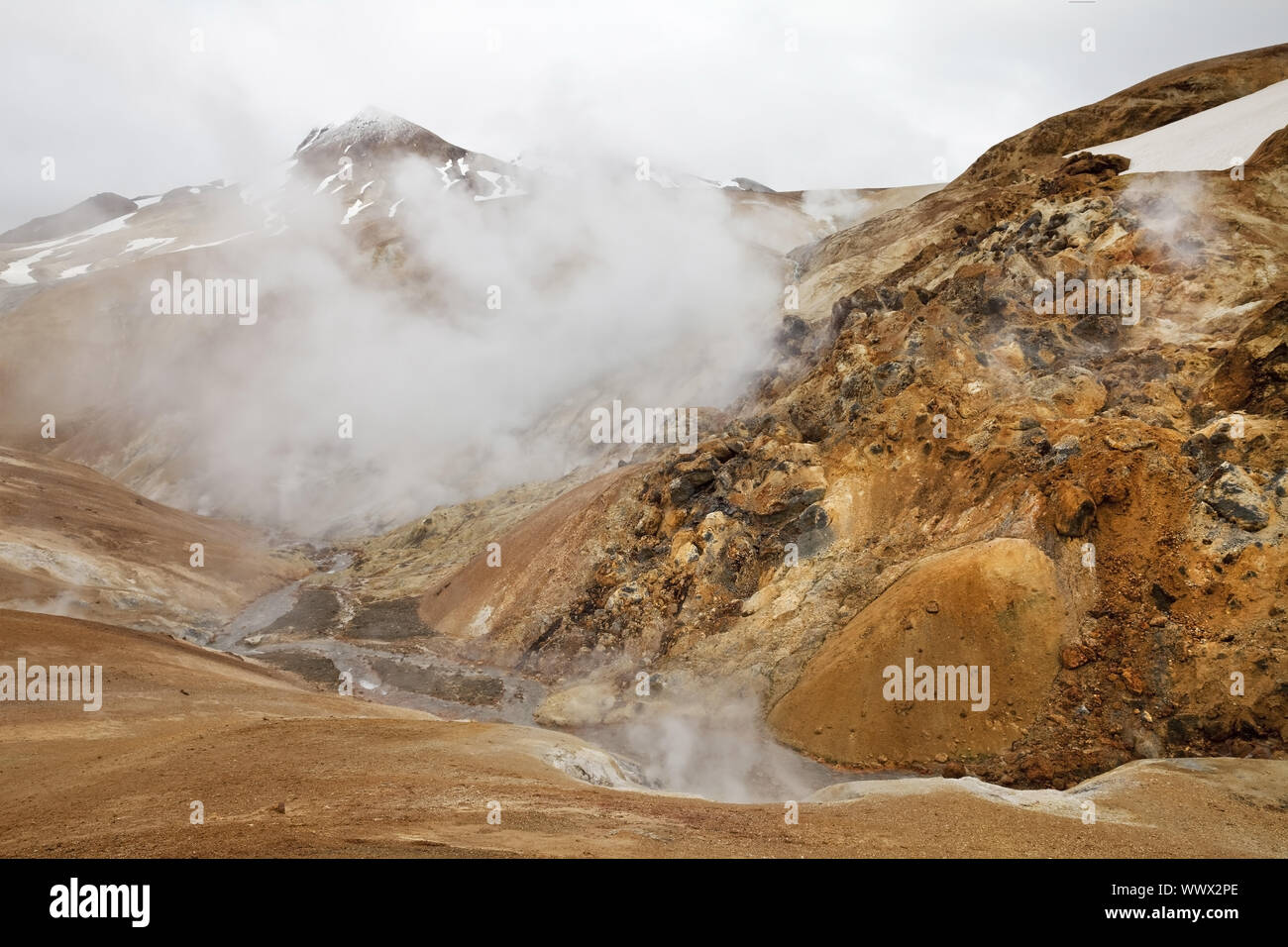 hot springs, steam and Rhyolith mountains in the geothermal area ...