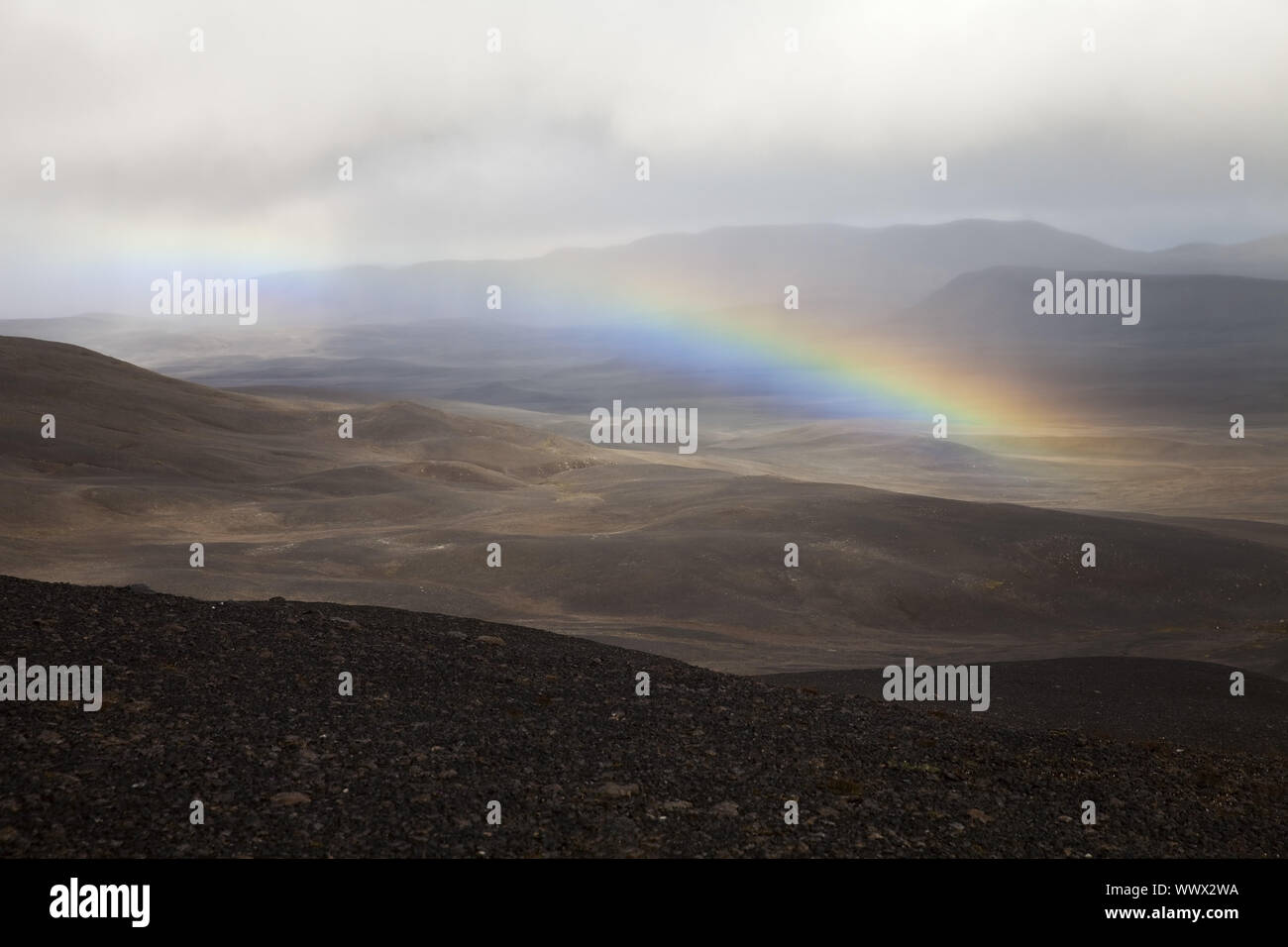 rainbow in mountainous wasteland, Moedrudalsfjallgardur, highland ...