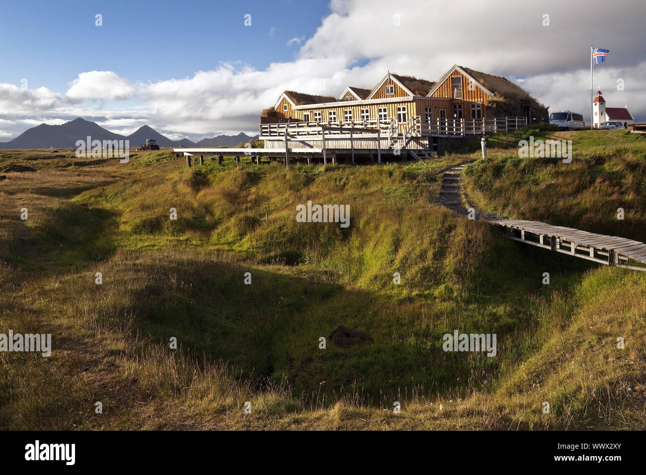 wooden huts and church, Moedrudalur, highland, Iceland, Europe Stock ...