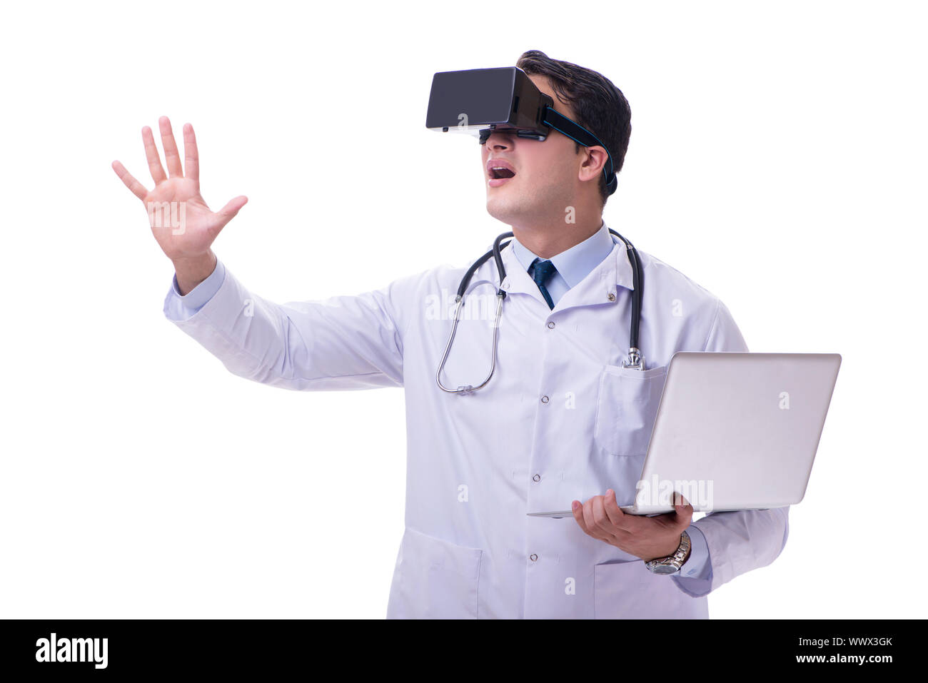 Doctor wearing a vr virtual reality headset isolated on white ba Stock ...